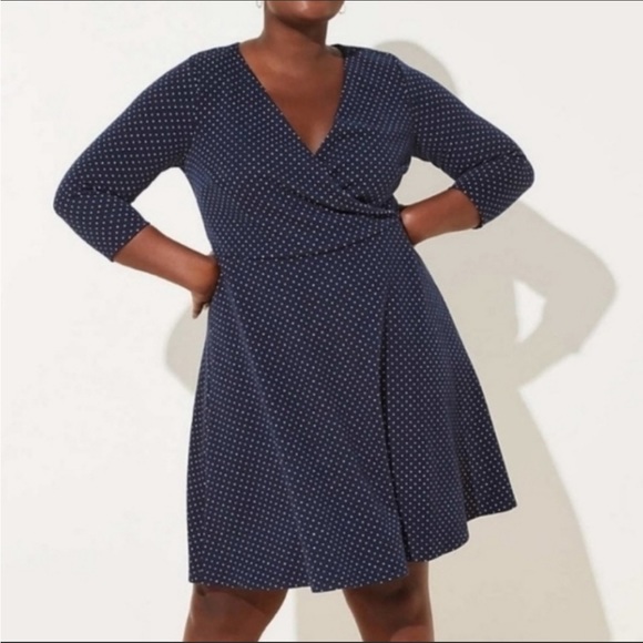 LOFT | Dresses | Nwot Loft Navy Blue Polka Dot Knit Faux Wrap Dress ...